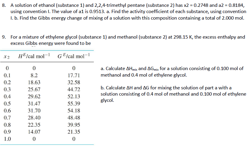 Solved 8. A solution of ethanol (substance 1) and | Chegg.com