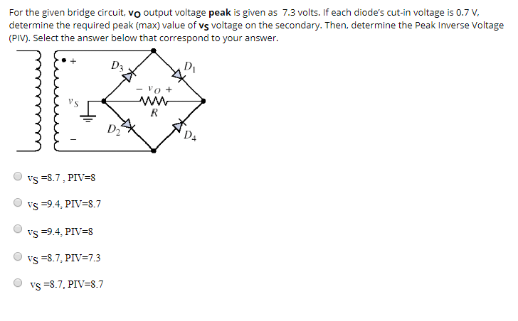 Solved For the given bridge circuit, vo output voltage peak | Chegg.com