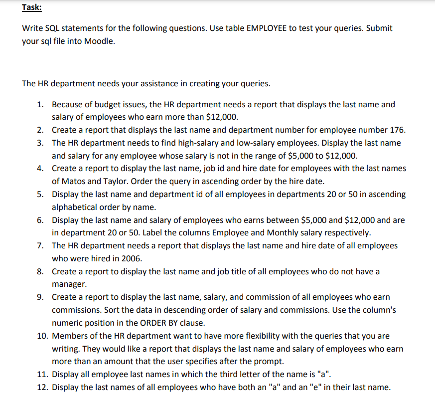 Task: Write SQL statements for the following | Chegg.com