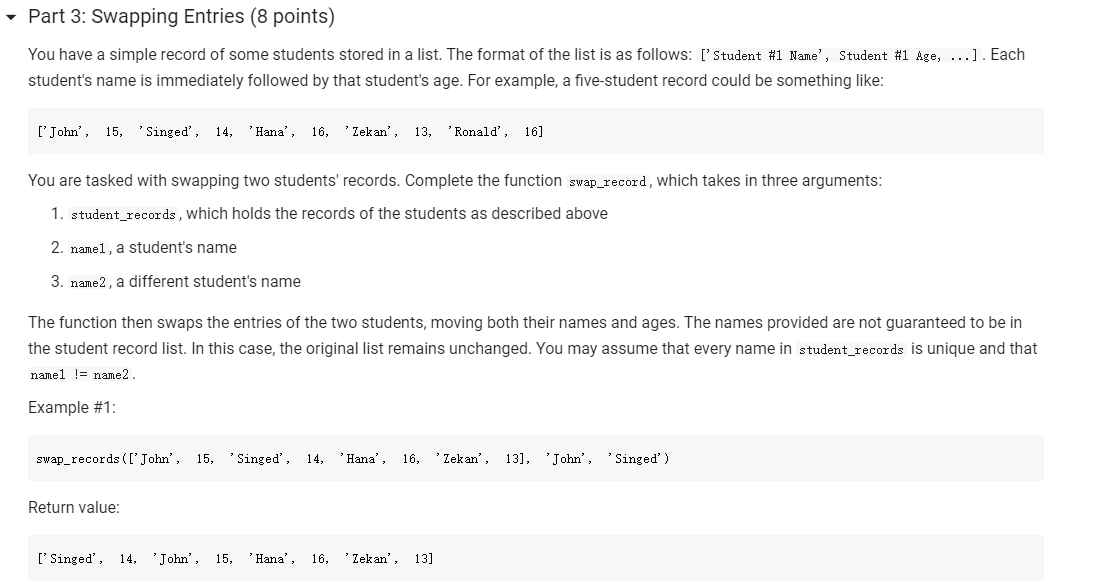 Solved Part 3: Swapping Entries (8 points) You have a simple | Chegg.com