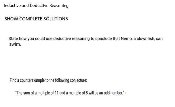 Solved Inductive and Deductive Reasoning SHOW COMPLETE | Chegg.com