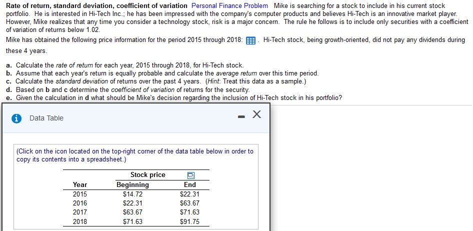 Solved Rate of return, standard deviation, coefficient of | Chegg.com