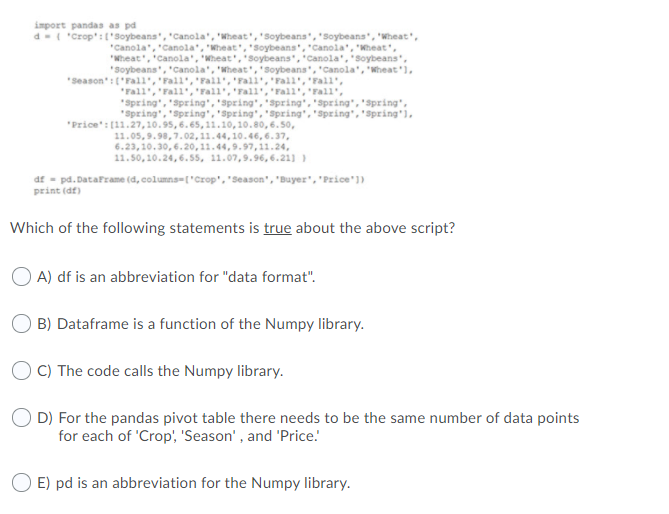Solved import pandas as pd d'Crop': [Soybeans', 'Canola', | Chegg.com