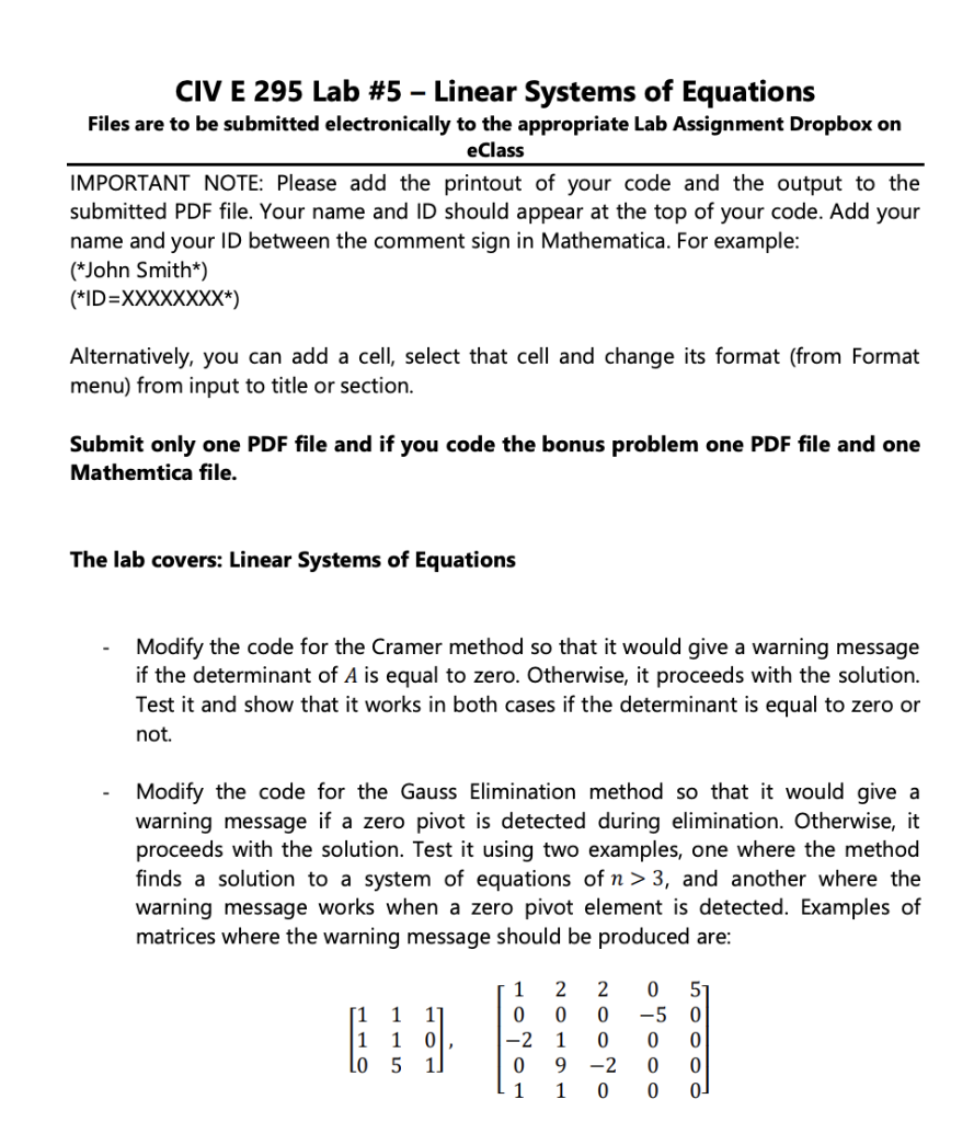 CIV E 295 Lab #5-Linear Systems of Equations Files | Chegg.com