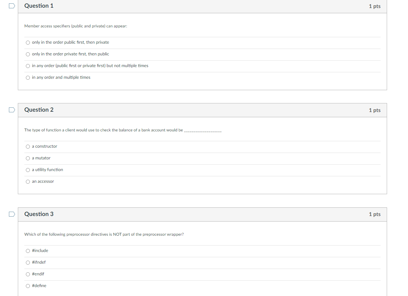 Solved Question 1 1 pts Member access specifiers (public and | Chegg.com
