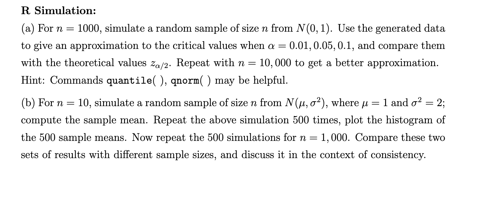 Solved R Simulation: (a) For n = 1000, simulate a random | Chegg.com