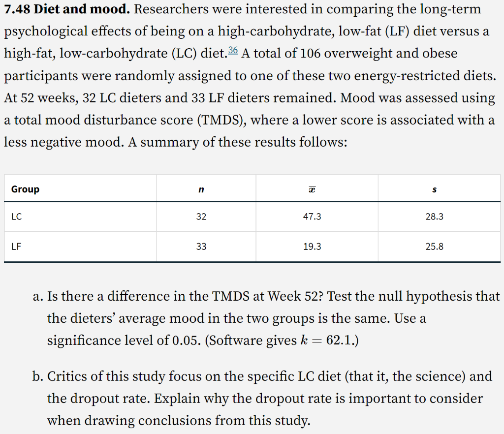 Solved 7.63 Revisiting the diet and mood study. In Exercise | Chegg.com