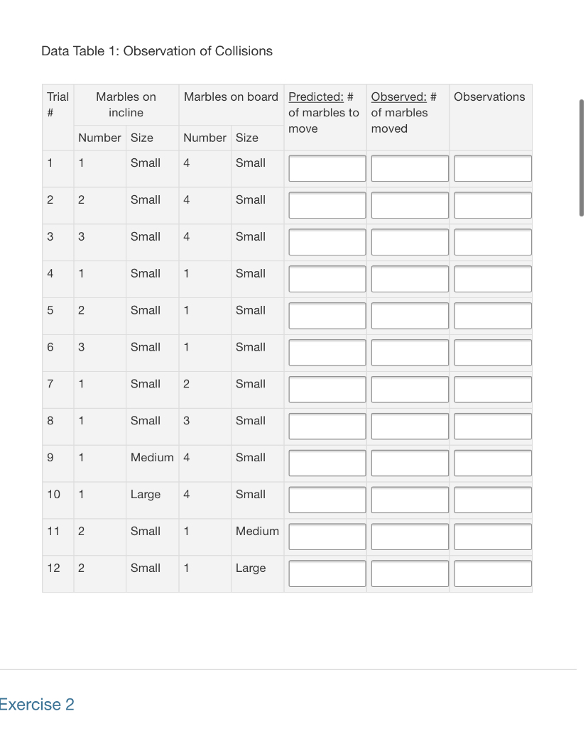 Data Table 1: Observation of Collisions Trial | Chegg.com