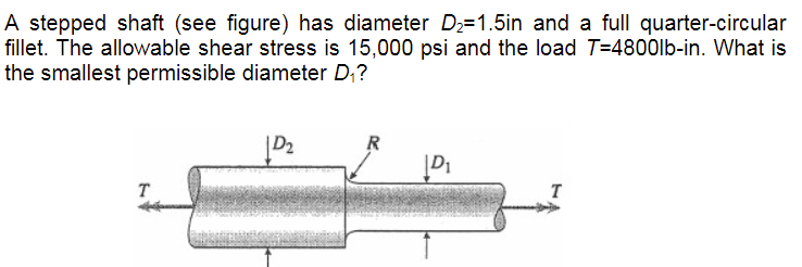 Solved A stepped shaft (see figure) has diameter D2 = 1.5in | Chegg.com