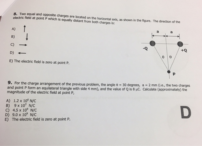 Solved 8. Two equal and opposite charges are located on the | Chegg.com