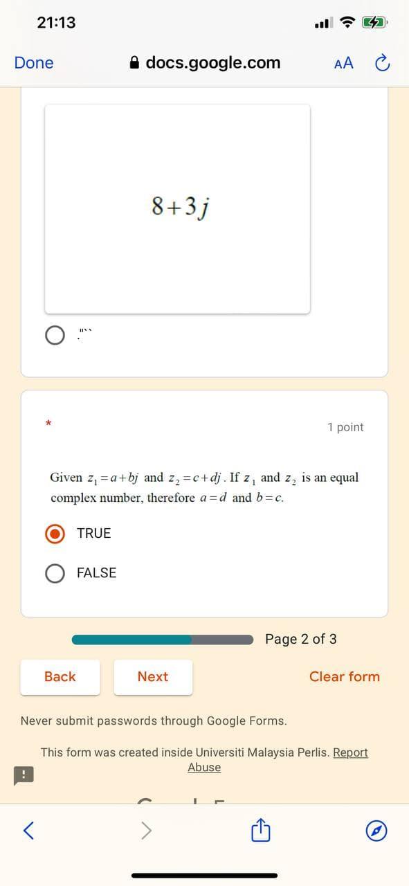 Solved 21:13 Done docs.google.com АА С 8+3j 1 point equal | Chegg.com