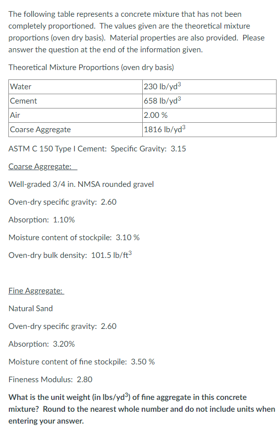 Solved The following table represents a concrete mixture | Chegg.com