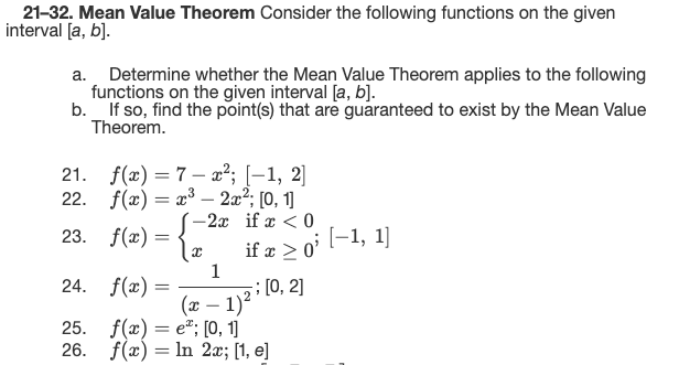 Solved 21-32. Mean Value Theorem Consider the following | Chegg.com