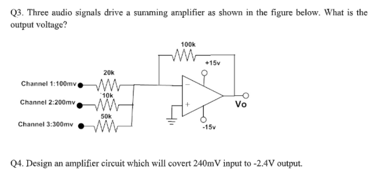 Solved Q3. Three audio signals drive a summing amplifier as | Chegg.com