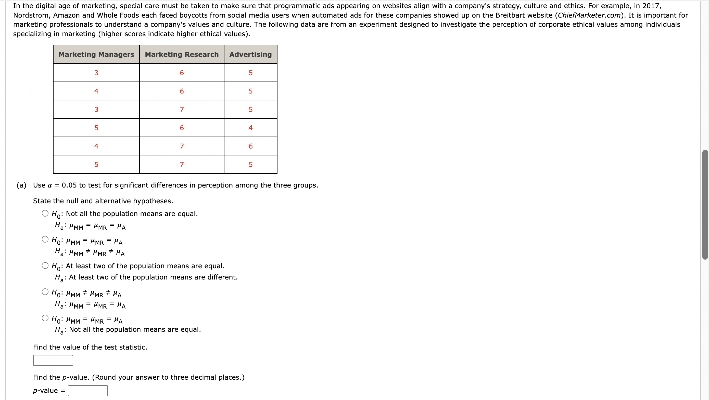 Solved specializing in marketing (higher scores indicate | Chegg.com