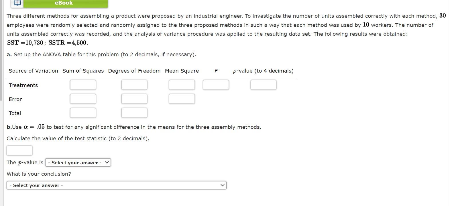 Solved SST=10,730;SSTR=4,500. a. Set up the ANOVA table for | Chegg.com