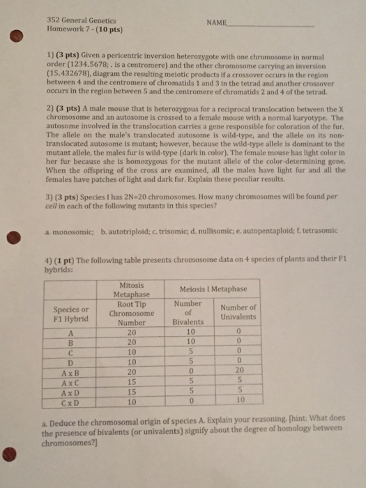 Solved 352 General Genetics Homework 7- (10 pts) NAME, 1) (3 | Chegg.com