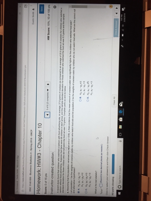 Solved DSC 3140 800-Business Statistics I1-Spring 2018- UNCP | Chegg.com