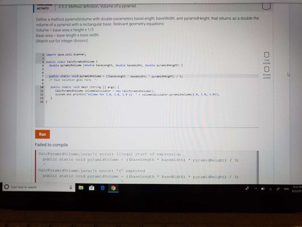 Solved 3.5.3 Method definition: Volume of a pyramid ACTIVITY | Chegg.com
