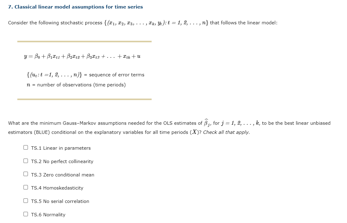 Solved 7. Classical linear model assumptions for time series | Chegg.com