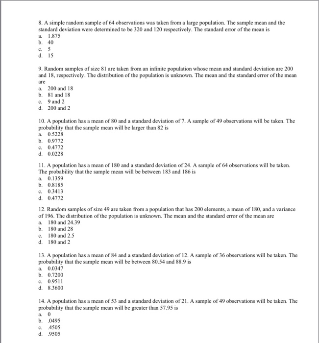 Solved 8 A Simple Random Sample Of 64 Observations Was