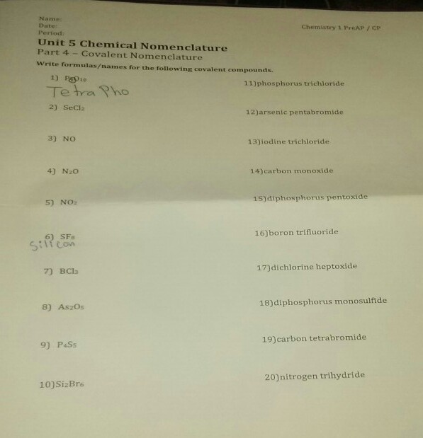 Solved Name: Date Period Unit 5 Chemical Nomenclature Part 4 | Chegg.com