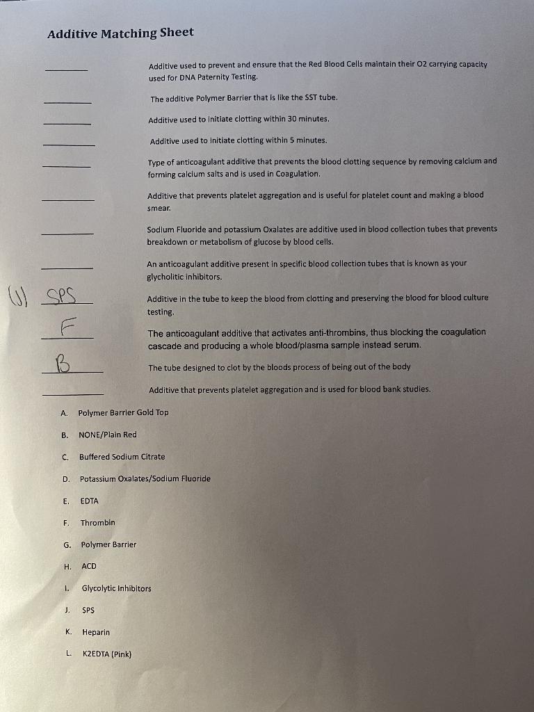 Solved Additive Matching Sheet Additive used to prevent and | Chegg.com