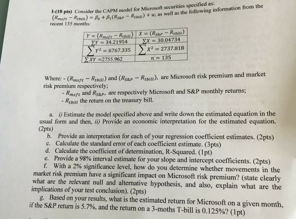 Solved I-(I8 pts) Consider the CAPM model for Microsoft | Chegg.com