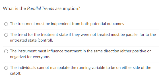 Solved What is the Parallel Trends assumption? The treatment | Chegg.com