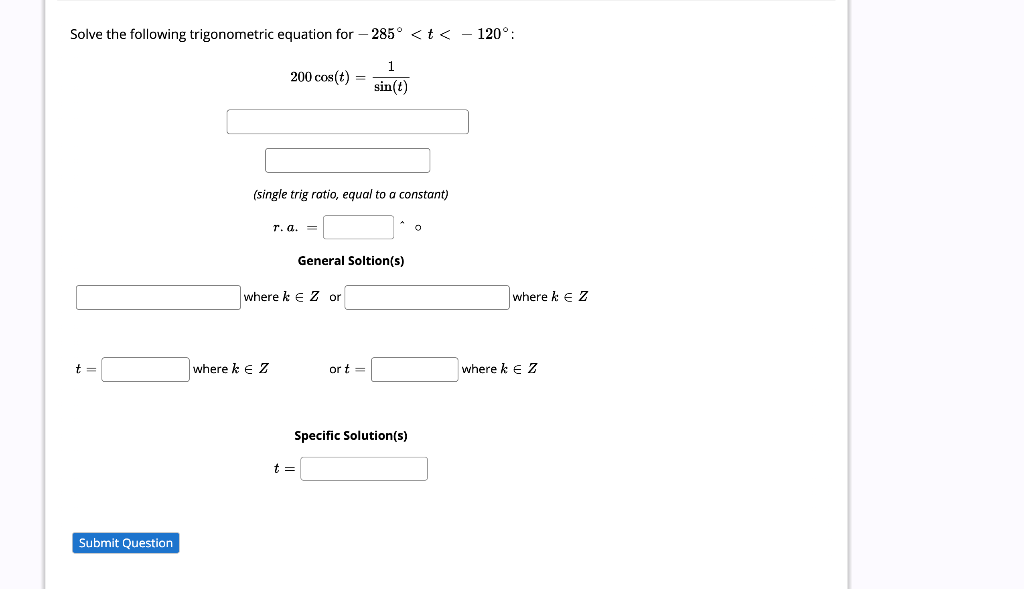 Solved Solve the following trigonometric equation for – 285° | Chegg.com
