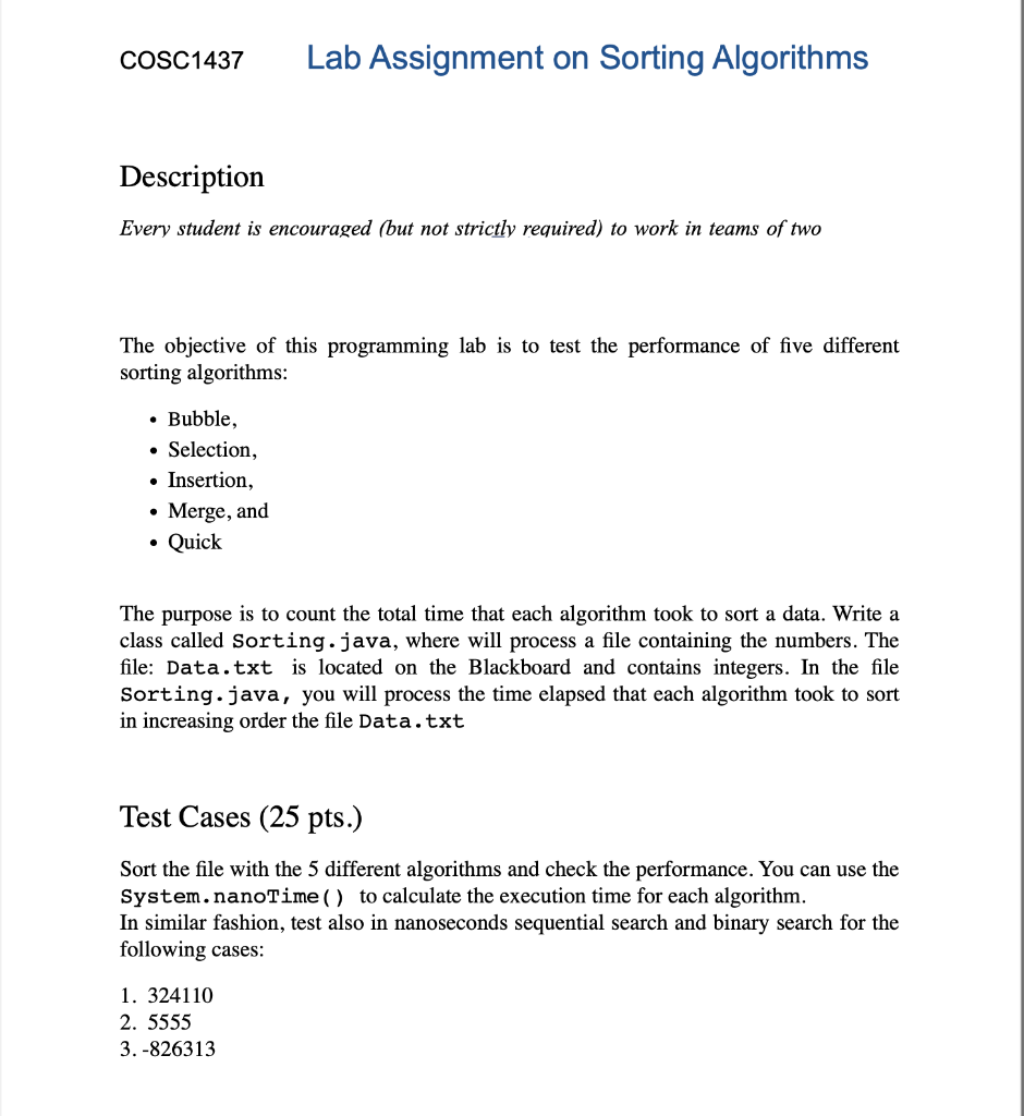 Solved Lab Assignment on Sorting Algorithms Description | Chegg.com