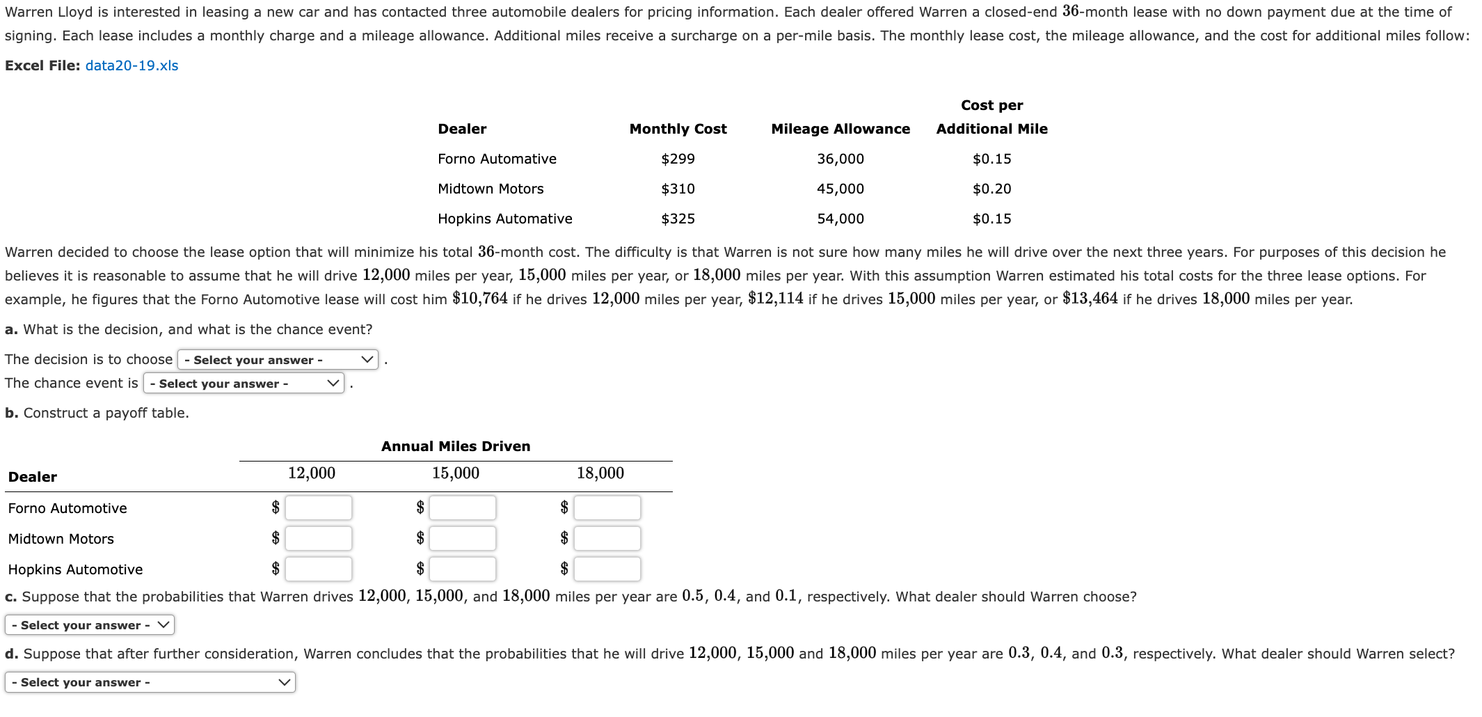 Solved Excel File: data20-19.xls a. What is the decision, | Chegg.com