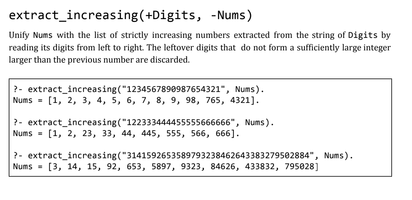 extract_increasing(+Digits, -Nums) Unify Nums with | Chegg.com