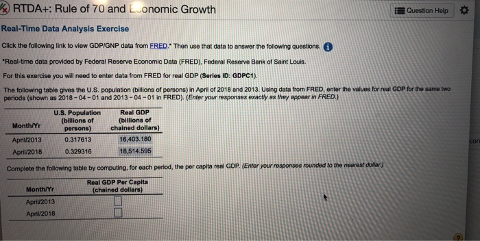 Solved RTDA+: Rule of 70 and Lconomic Growth Real-Time Data | Chegg.com