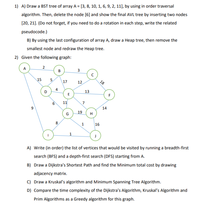 Solved 1) A) Draw a BST tree of array A = [3, 8, 10, 1, 6, | Chegg.com