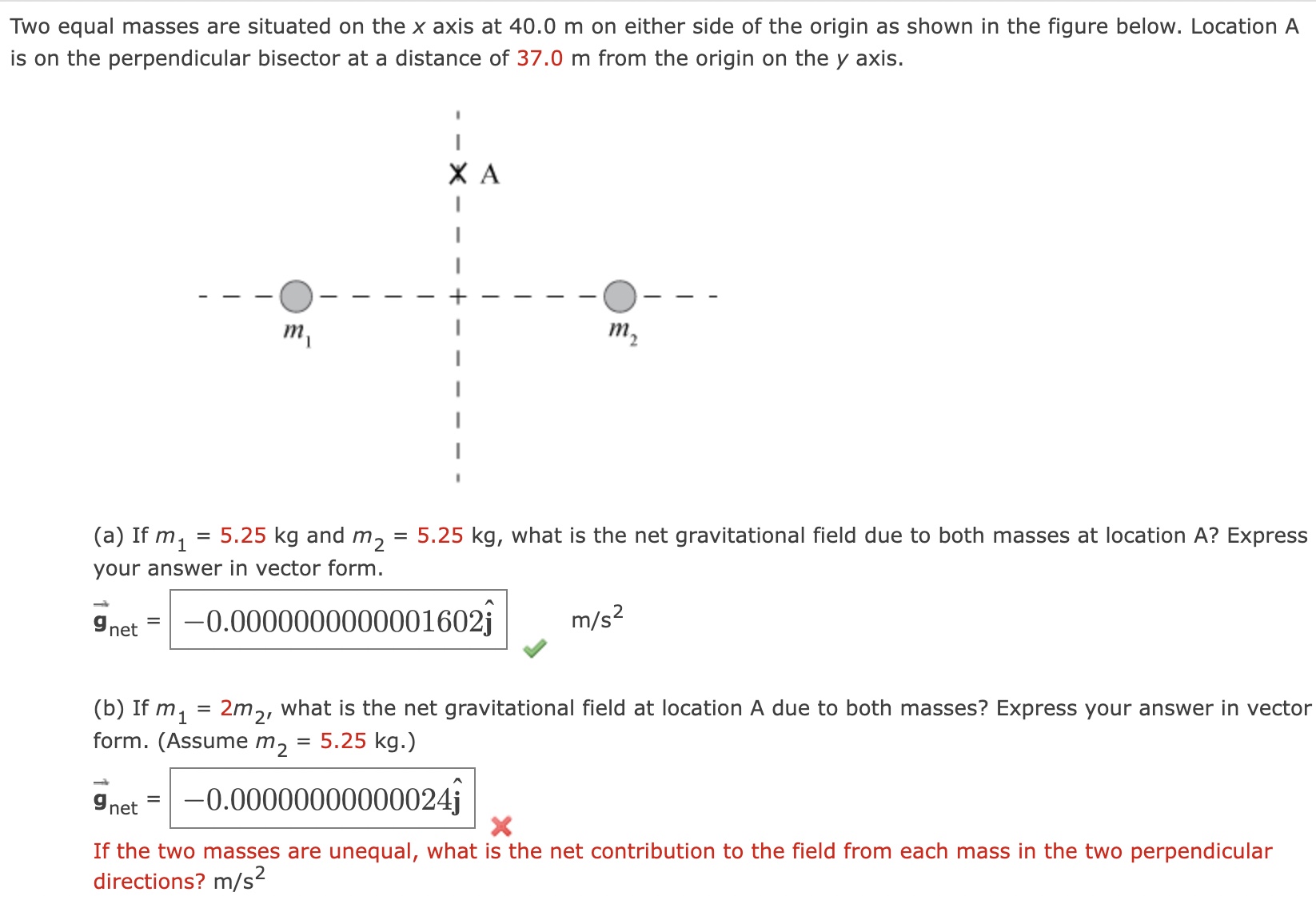 Solved Two equal masses are situated on the x axis at 40.0 m | Chegg.com