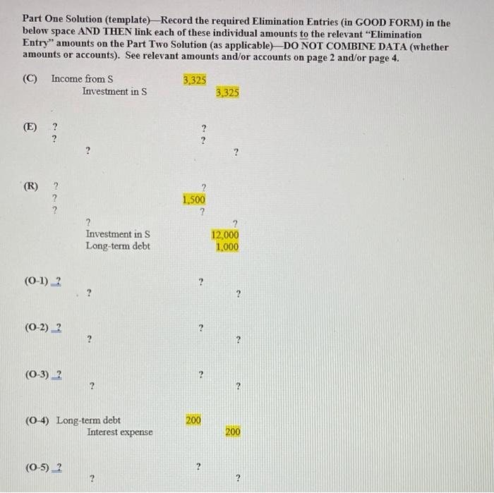 Record the required Elimination Entries (in GOOD | Chegg.com