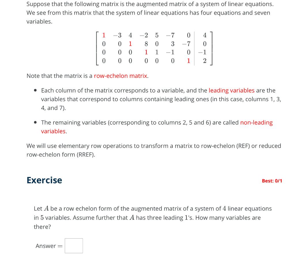 Solved Suppose That The Following Matrix Is The Augmented