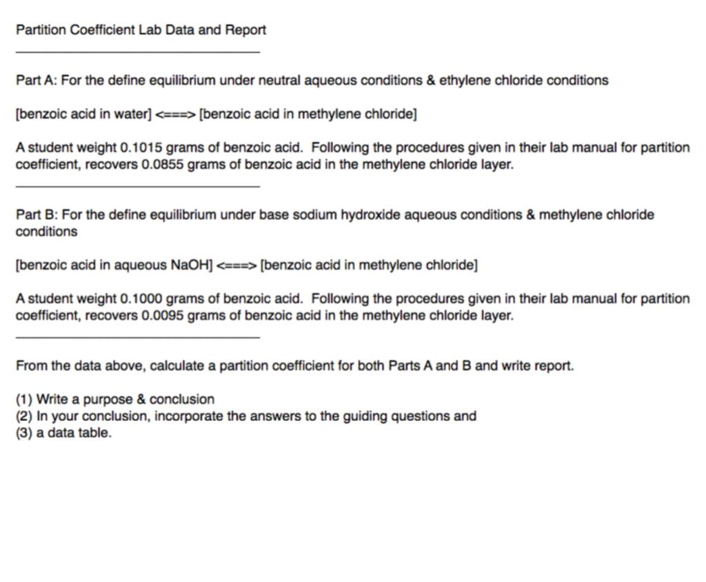 Solved Partition Coefficient Lab Data and Report Part A: For | Chegg.com