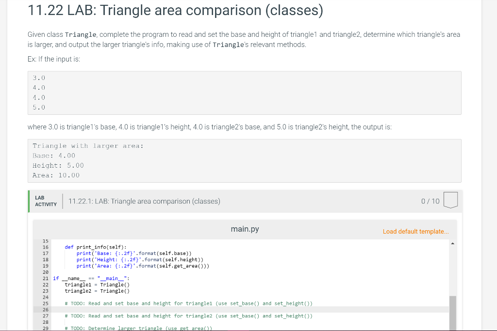 Solved: 11.22 LAB: Triangle Area Comparison (classes) Give... | Chegg.com