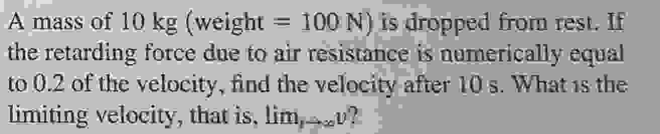 Solved A mass of 10kg (weight =100N ) ﻿is dropped from rest. | Chegg.com