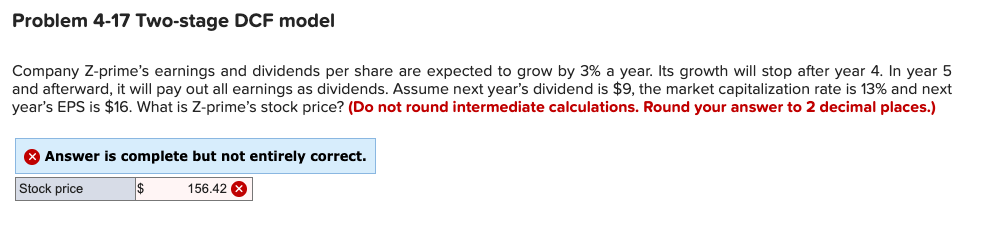 Solved Problem 4-17 Two-stage DCF model Company Z-prime's | Chegg.com