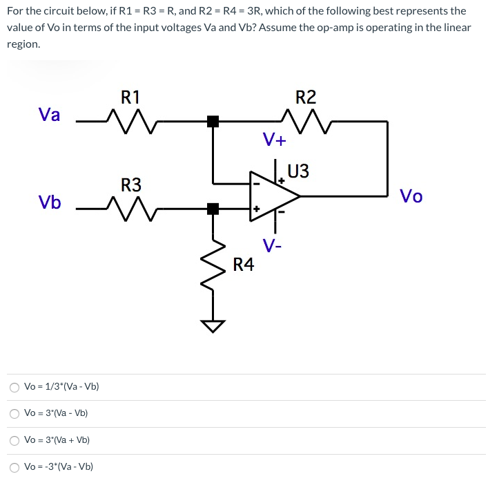 Solved For the circuit below, if R1 = R3 = R, and R2 = R4 = | Chegg.com