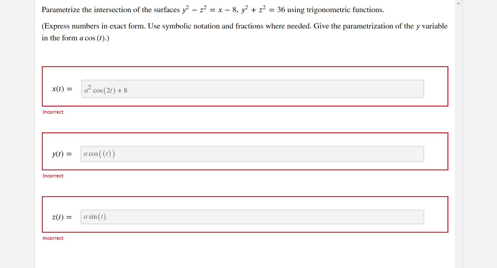Solved Parametrize the intersection of the surfaces yż – z2 | Chegg.com