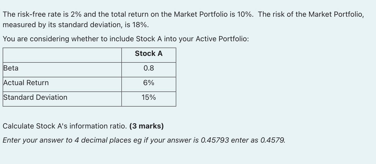 Solved The risk-free rate is 2% and the total return on the | Chegg.com