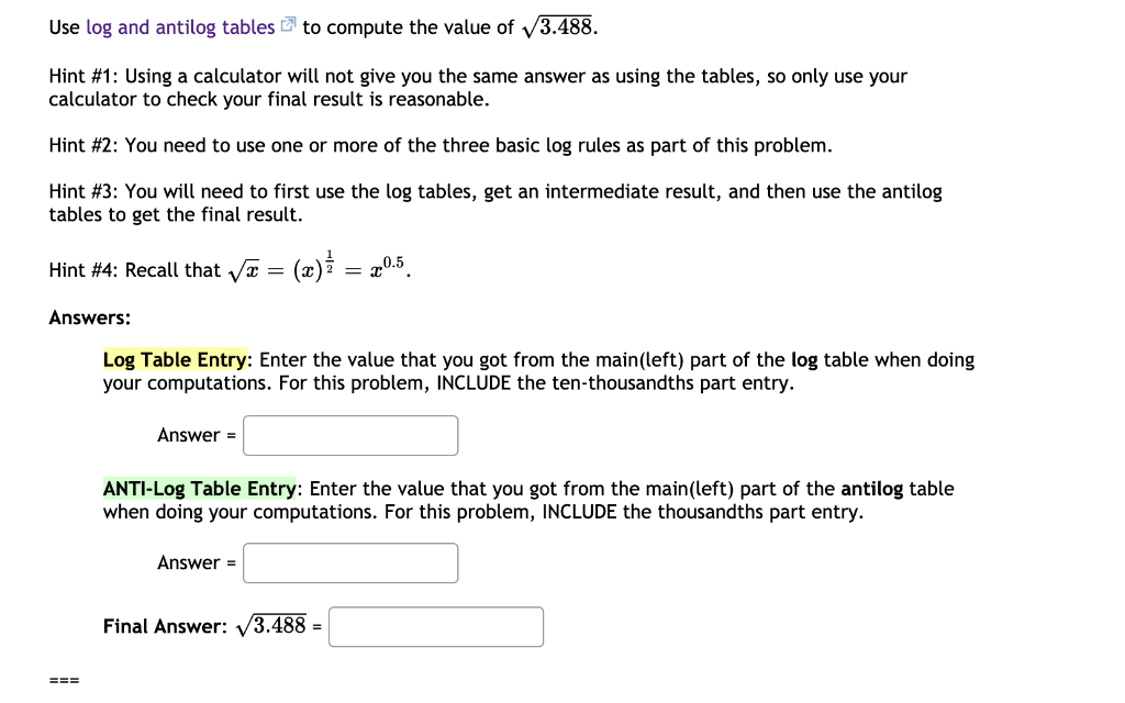 Solved Use log and antilog tables to compute the value of | Chegg.com