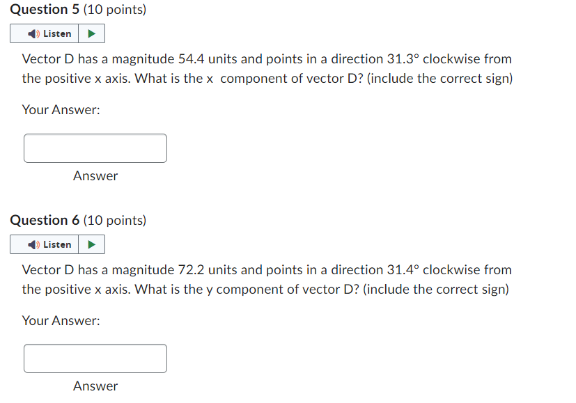 Solved Question 5 (10 ﻿points)Vector D has a magnitude 54.4 | Chegg.com