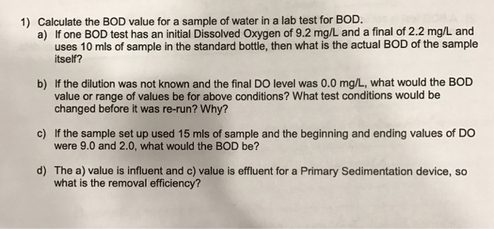 Solved Calculate the BOD value for a sample of water in a | Chegg.com