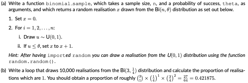 (a) Write a function binomial sample, which takes a | Chegg.com
