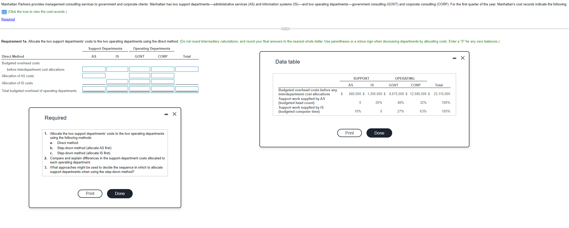 Solved Data table Required - X 1. Allocate the two support | Chegg.com